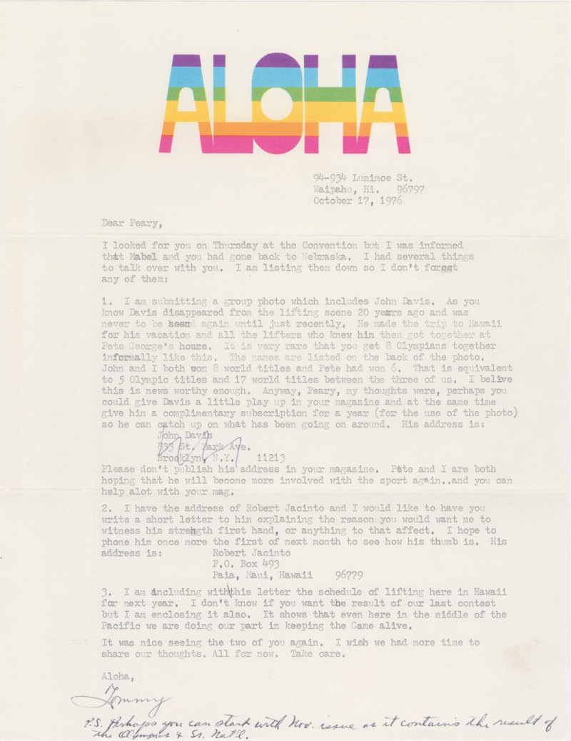 Letter from Tommy Kono to Peary Rader | Rogue Canada
