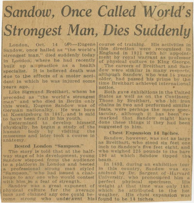 Sandow, Once Called World’s Strongest Man, Dies Suddenly | Rogue ...